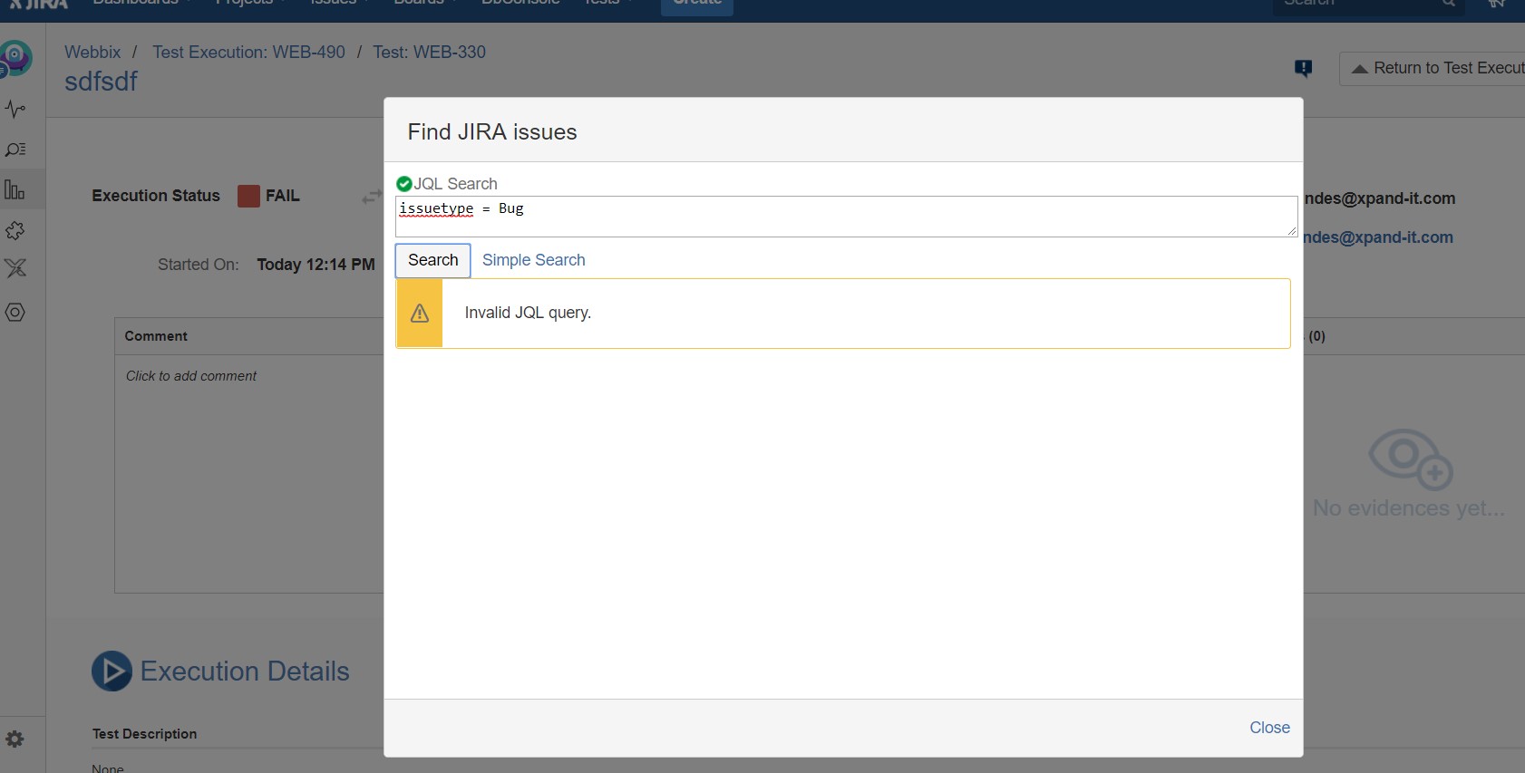 [XRAY-2151] In the execution page, the advanced search to find issues to add Defects does not ...